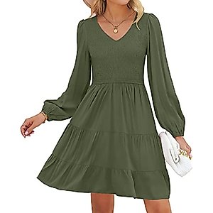 ZESICA Women's Casual V Neck Long Sleeve Smocked High Waist Ruffle A Line Tiered Mini Dress,ArmyGreen,Medium