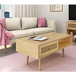 Atlantic Loft & Luv Remy Boho Mid-Century Natural Storage Drawer and Shelf, Finish Rattan Coffee Table