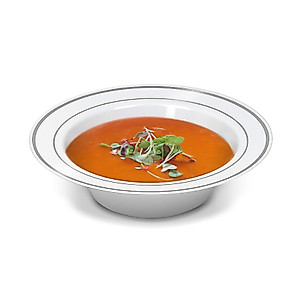 BloominGoods 50 Disposable White Silver Trim Plastic Dessert Bowls | SMALL 6 oz. Premium Heavy Duty Disposable Dinnerware with Real China Design | Safe & Reusable and Great for Parties (50-Pack)