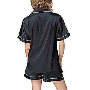 NANJUN Womens Silk Satin Pajamas Short Sleeve Sleepwear Bride Soft Button Down Loungewear 2 Piece Pjs Set XS-3XL(black,l0)