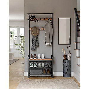 VASAGLE Coat Rack, Hall Tree with Shoe Bench for Entryway, Entryway Bench with Coat Rack, 4-in-1, with 9 Removable Hooks, a Hanging Rod, 13.3 x 28.3 x 72.1 Inches, Rustic Brown and Black UHSR40B