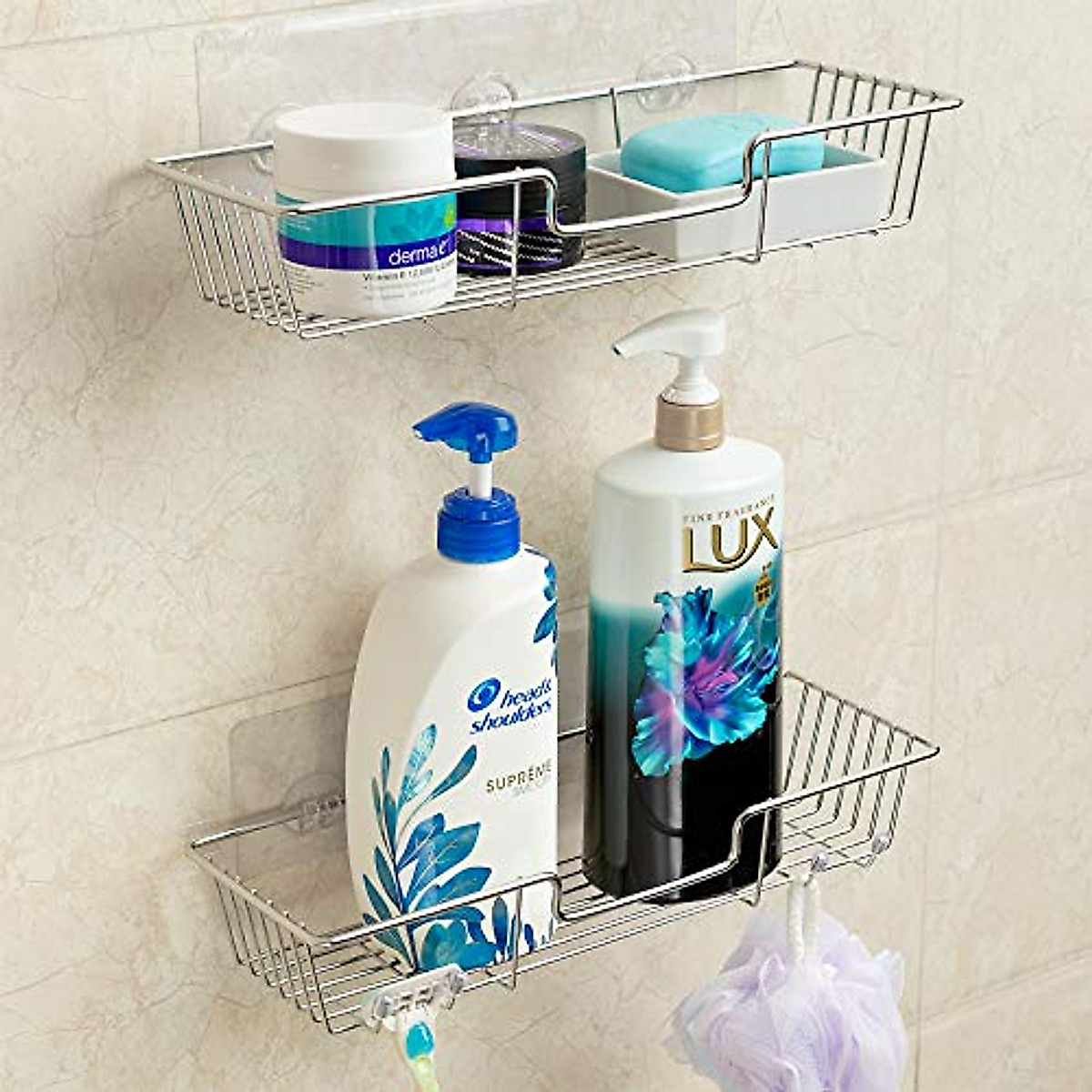 iPEGTOP Adhesive Shower Caddy Bathroom Shelf Storage with Hooks for Shampoo Conditioner Holder Kitchen Organizer Basket, No Drilling Wall Mounted, Rustproof Stainless Steel