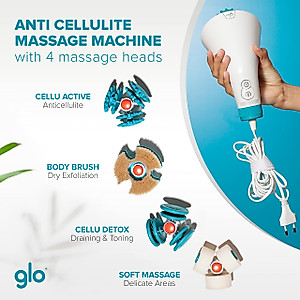 glo Glo910+ - Anti-Cellulite Massager - 4 Interchangeable Heads with Phototherapy for Exfoliation & Drainage - for Legs, Thighs, Buttocks & Muscles - Clinically Tested