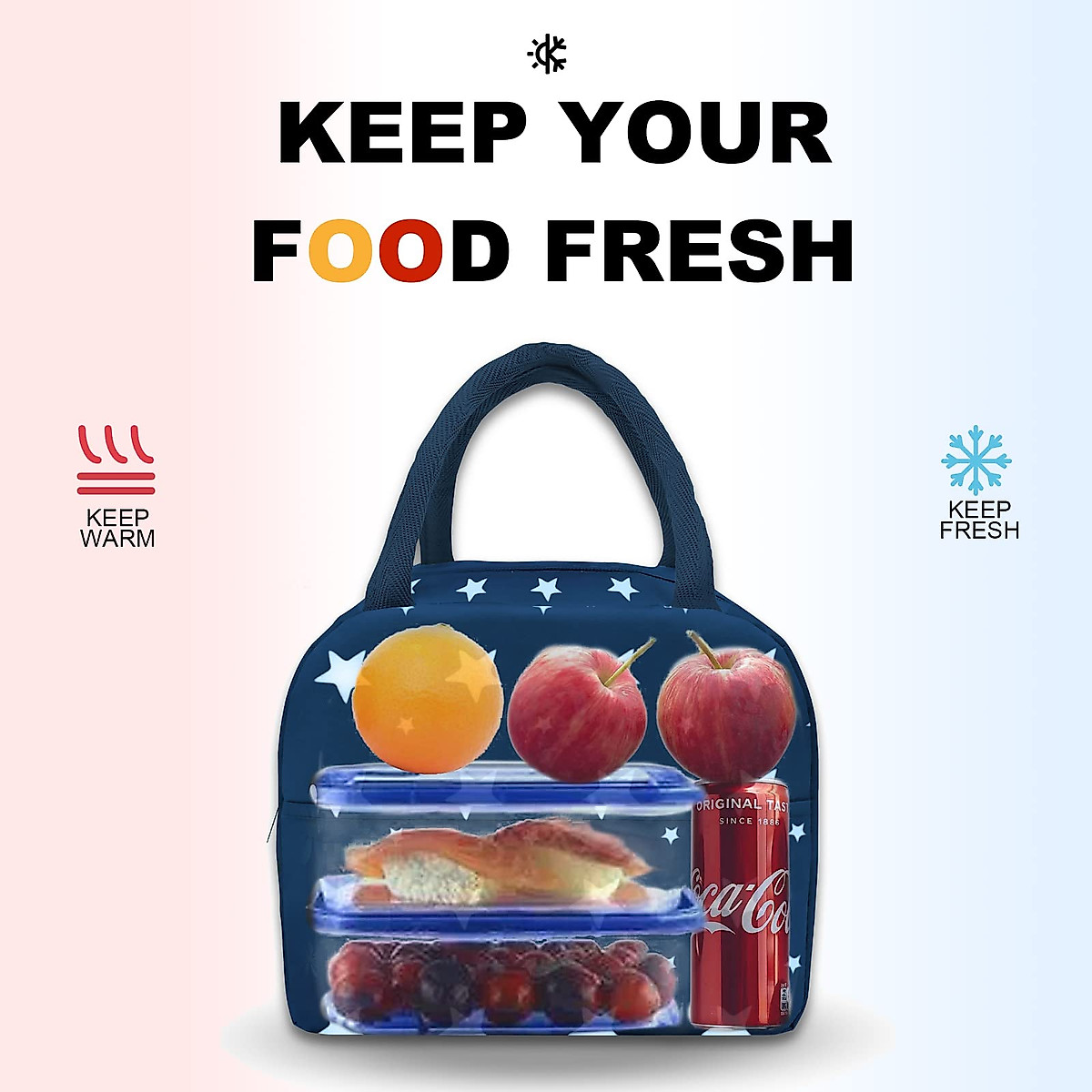 Sonuimy Insulated Lunch Bag Women, Reusable Cute Tote Lunch Box for Men & Adult, Leakproof Cooler Lunch Bags for Work Office Travel Picnic (Navy Blue with Star)