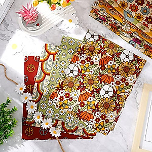 Whaline 12Pcs Fall Retro Floral Cotton Fabric Bundles 18 x 22 Inch Boho Hippie Groovy Boho Rainbow Printed Fat Quarter Quilting Patchwork Square Sewing Fabric for DIY Handmade Craft Home Party Decor