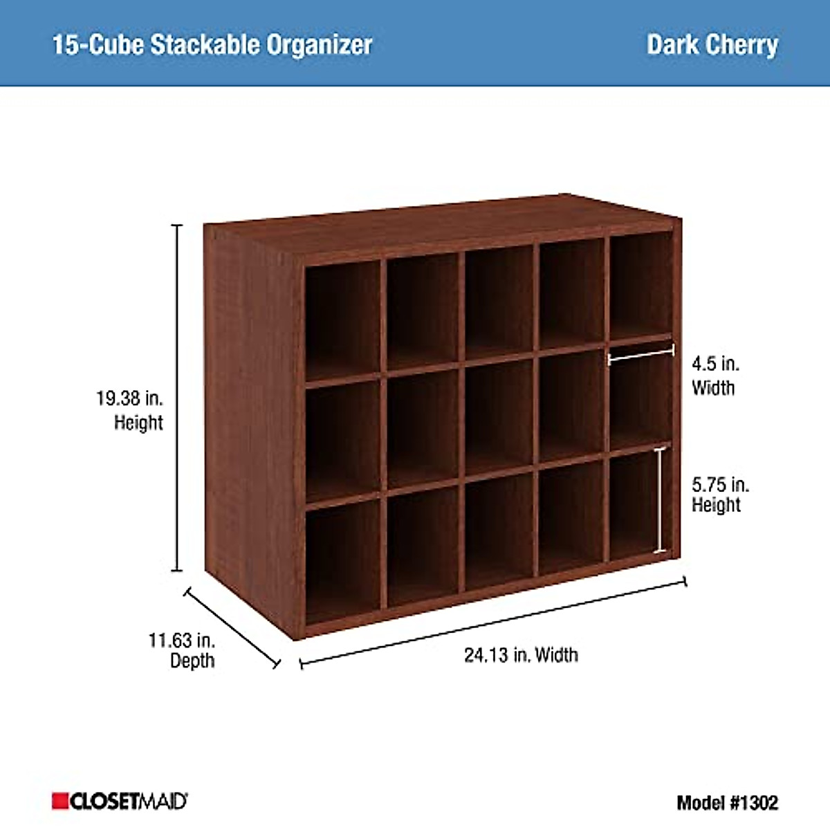 ClosetMaid 15 Cube Stackable Storage Organizer for Shoes, Bags, Crafts, Hobbies with Wood Shelves, for Closet, Entryway or Mudroom, Dark Cherry