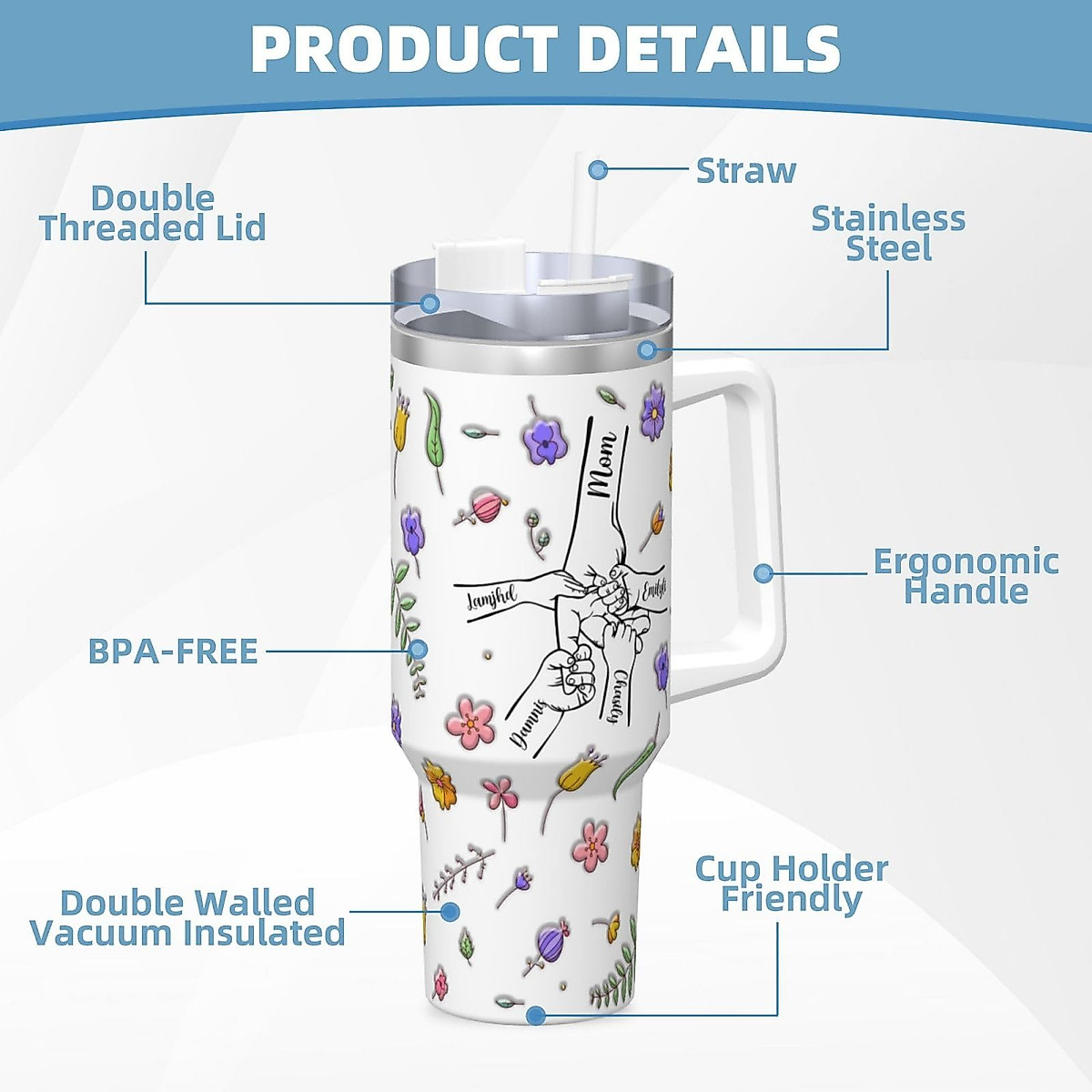 Personalized 40 Oz Stainless Steel Tumbler Best Mom Ever Cup Gift, Custom Name 3D Inflated Effect Travel Mug, Birthday Valentine's Day Coffee Mug for Mom Nana Mothers Day Gifts for Mom,01