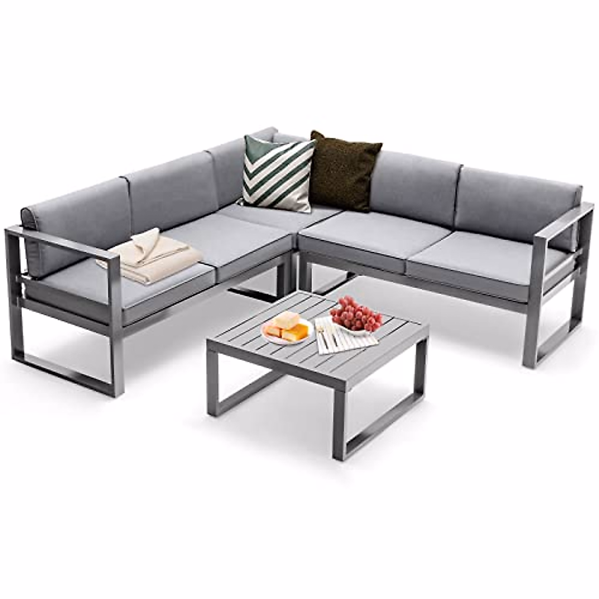 Tangkula 4 Pieces Aluminum Patio Furniture Set, Patiojoy All Weather Heavy Duty Cushioned Outdoor L Shaped Sofa Set for Poolside, Backyard, Deck, and Garden (Grey)