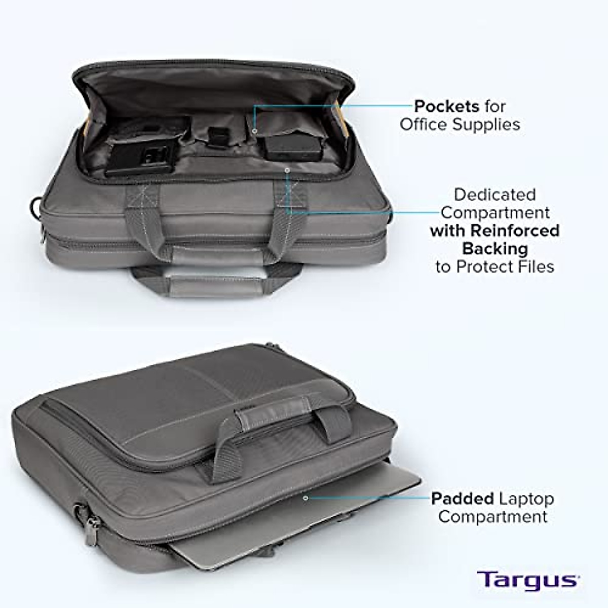 Targus 15-16 Inch Classic Slim Laptop Bag, Gray - Ergonomic Briefcase and Messenger Bag - Spacious Foam Padded Laptop Bag for 16" Laptops and Under (TCT027US)