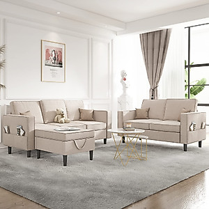 Mjkone 3 Pcs Sectional Sofa Couch Set with Solid Wooden Legs, Modern Couch Sets with Storage Ottoman, Sofa and Loveseat Set with 8 Side Pockets, Living Room Furniture Set for Living Room (Beige)