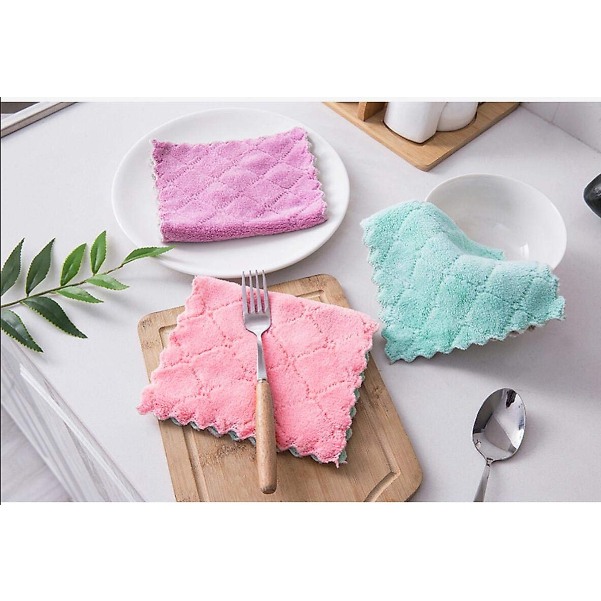 Uprola Direct 4PCS Dish Cloths, Premium Super Absorbent Coral Fleece Thickening Kitchen Tea Towels, Machine Washable Fast Drying