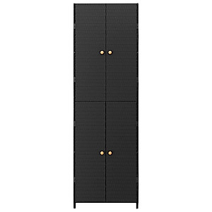 vidaXL Black Garden Storage Cabinet - Durable Poly Rattan Material, Water-Resistant Design, Features 4 Compartments, with Powder-Coated Steel Frame and Solid Acacia Wood Knobs - 23.2x15.7x70.9 inches
