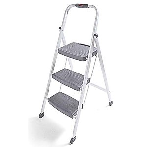 Rubbermaid 3-Step Steel Ladder, Folding Step Stool with Hand Grip and Non-Slip Feet, White, Tested to ANSI US Safety Standards, No Assembly Required (Amazon Exclusive)