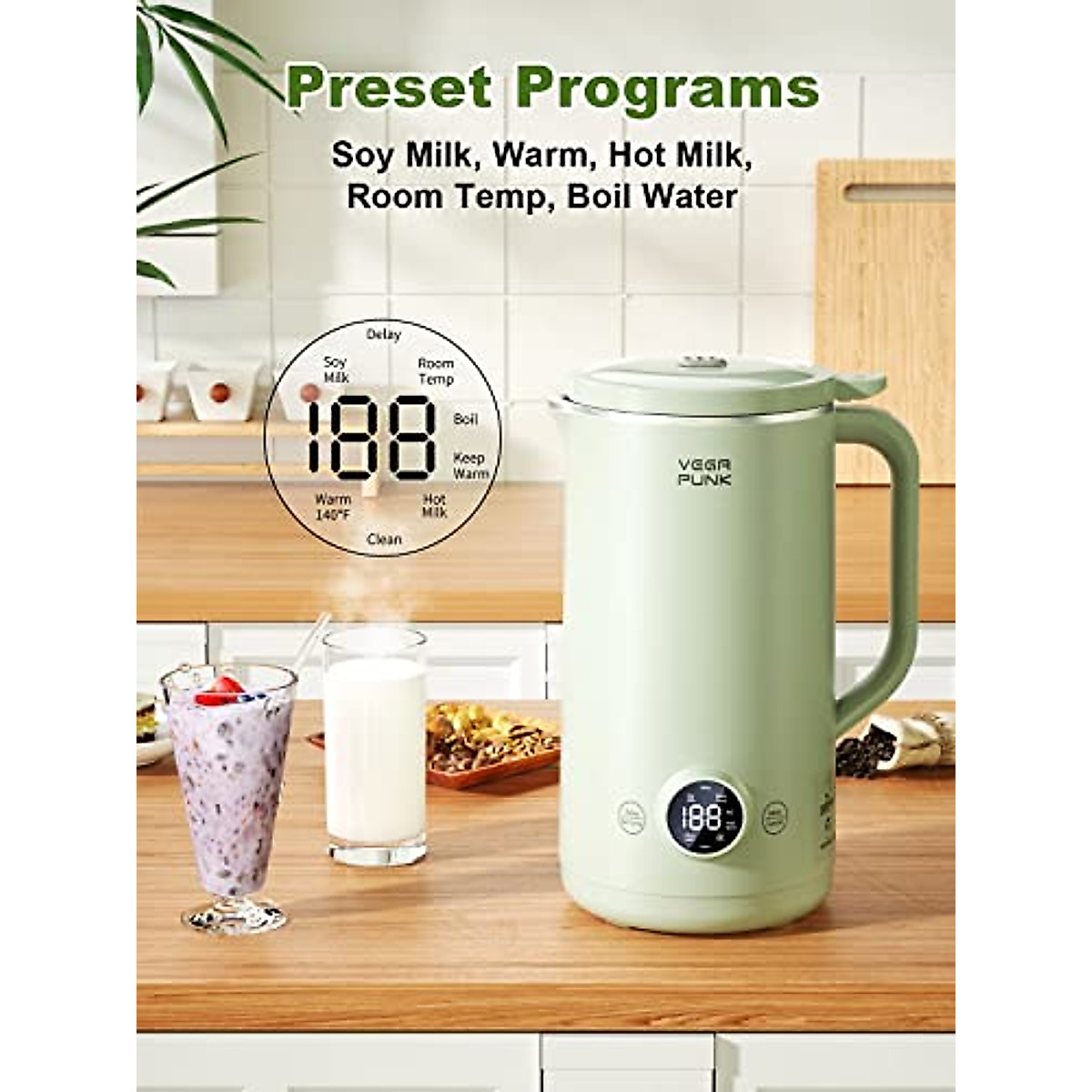 VEGAPUNK Nut Milk Maker Machine 20oz - Smart Automatic Cold and Hot Dairy Free Soybean/Oat/Coconut/Soy Milk Maker Machine with Filter Bag - Plant Based Almond Cow Milk Machine Maker for Vegan - Green