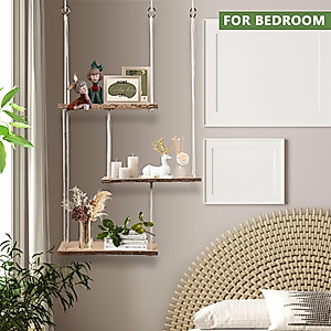 OriCre Floating Shelves Boho Wall Shelves 3 Tier Rustic Wood Hanging Shelves Adjustable Rope Shelf for Boho Aesthetic Room Decor Bedroom/Living Room/Bathroom/Kitchen/Corner/Plant,Book,Décor