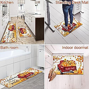 Ileading Fall Thanksgiving Kitchen Anti Fatigue Mat Set of 2 A Truck Full of Pumpkins Non Slip Cushioned Kitchen Sink Floor Mats Waterproof Foam Comfort Standing Runner Rug Holiday Home Decorations