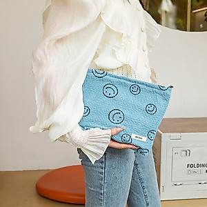 GUTGNK Makeup bag for Women, Corduroy Cosmetic Bag Aesthetic Design Ladies Tote Bag,Cute Smiley Face Makeup Organizer with Zipper - Blue