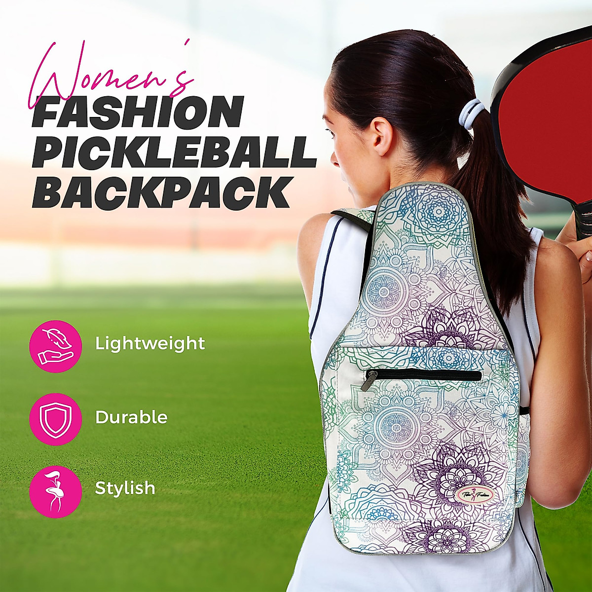 Taboo Fashions Pickleball Backpack for Women - Ladies Pickleball Bag with Front Pocket for Paddles, Padded Straps, and Water Bottle Holder - Stylish Pickleball Paddle Bag for Women (Mandala Dreams)
