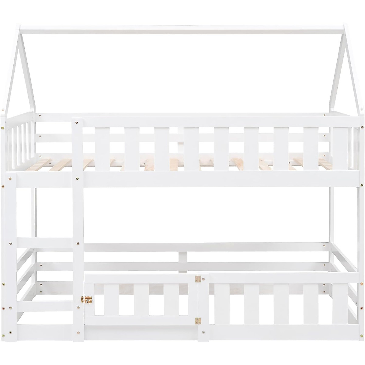 MERITLINE House Bunk Bed with Fence and Door, Wood Kids Bunk Beds Twin Over Twin with Roof, Floor Bunk Bed Loft Beds for Girls Boys, Easy Assembly, White