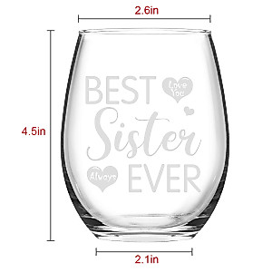 Futtumy Sister Gifts Stemless Wine Glass, Best Sister Ever Love You Always, Great Wine Glass Gifts for Sister Women Sister in Law Friend Birthday Christmas, 15 Oz