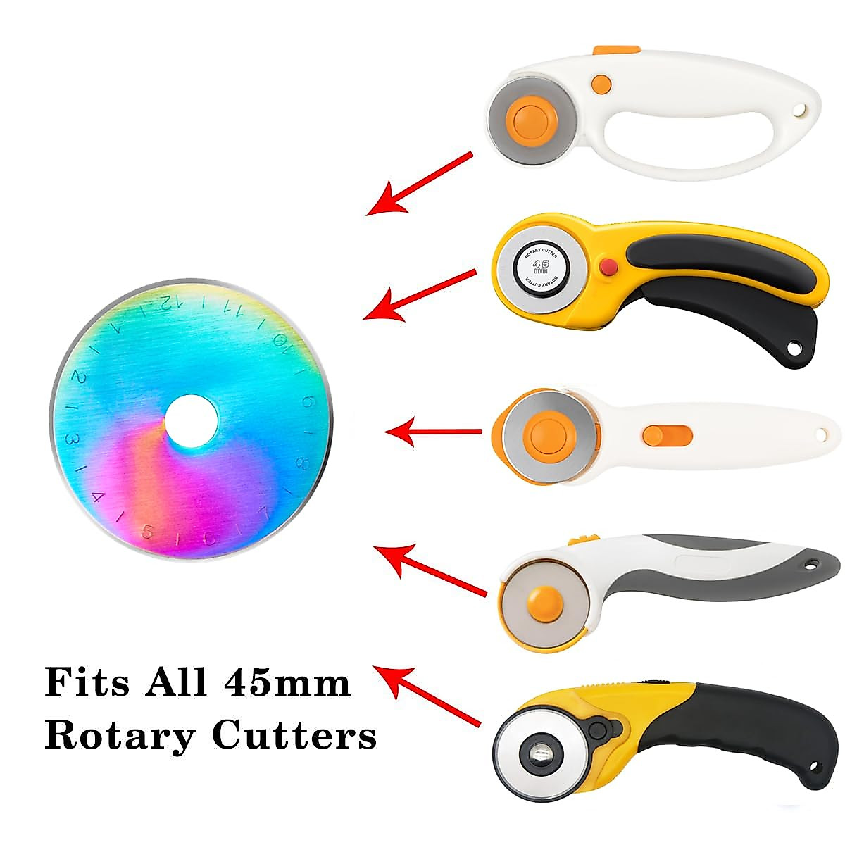 HEADLEY TOOLS 45mm Rotary Cutter Blades 10 Pack Fits Olfa, Fiskars, Replacement Rotary Blade for Arts Crafts Sewing, Rainbow