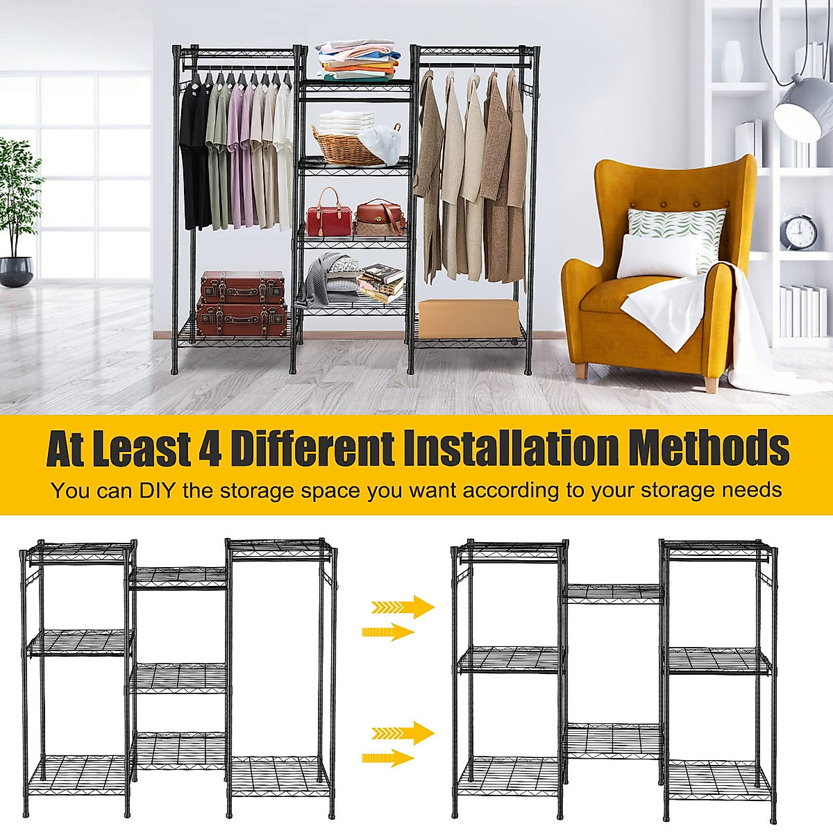 Hestiasko M3 Wire Garment Rack Heavy Duty Clothes Rack with 8 Tiers Adjustable Wire Shelving and 4 Hanging Rods/Freestanding Metal Wardrobe Closet Max Load 800lbs 68.5" L X 17.8" W X 75.0" H