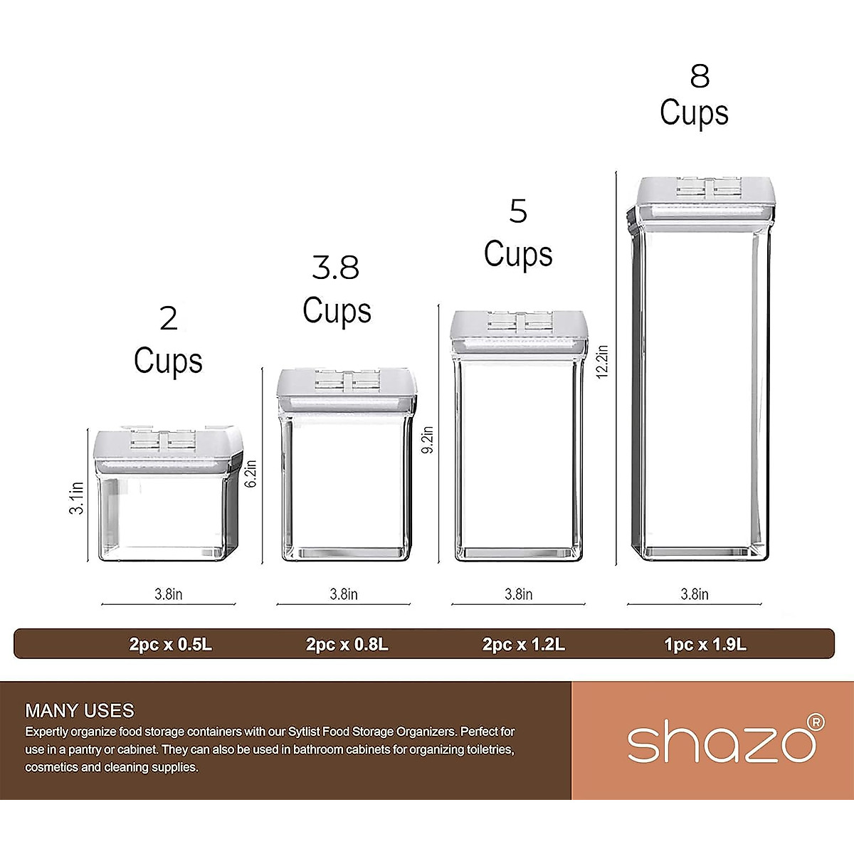 Shazo (Set of 7 Airtight Food Storage Containers with Lids - Leakproof, BPA Free Clear Plastic Cereal Containers for Kitchen & Pantry Organization