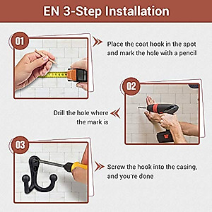 BIGLUFU Coat Hooks 6 Pack Heavy Duty Coats Hook Vintage Double Prong Wall Mounted with 12 Screws Retro Double Robe Hooks Utility Hooks for Coat, Scarf, Bag, Towel, Key, Cap, Cup, Hat (Black) (6 Pack)