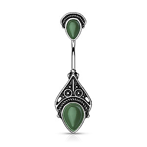 Forbidden Body Jewelry Surgical Steel Tribal Vintage Filigree Belly Ring, Faux Jade Semi Precious Stones