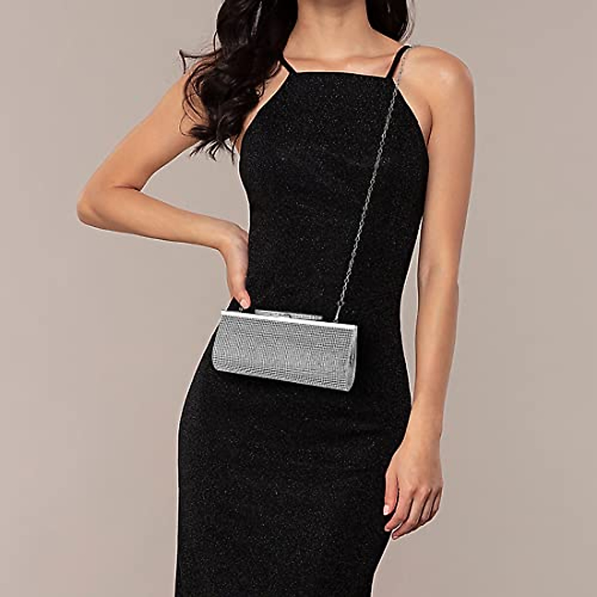 Crystal Rhinestone Clutch Purse for Women, Sparkling Evening Bag Handbag with Removable Long Chain, Glitter Crossbody Bag for Party Wedding Cocktail Prom (Silver)
