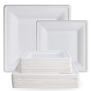 ECOLipak 120 Pack Compostable Paper Plates, 10 inch and 8 inch Heavy Duty Disposable Square Plates, Eco friendly Sugarcane Biodegradable Plates for Party Dinner Birthday