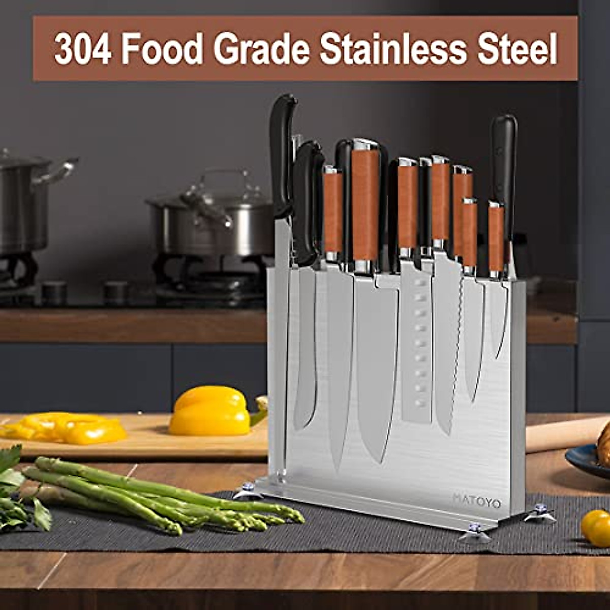 Matoyo Universal Magnetic Knife Block without Knives, Stainless Steel Kitchen Knife Holder with Dual Magnet Storage, Smart Blade Protection Knife Storage (Solid Base)