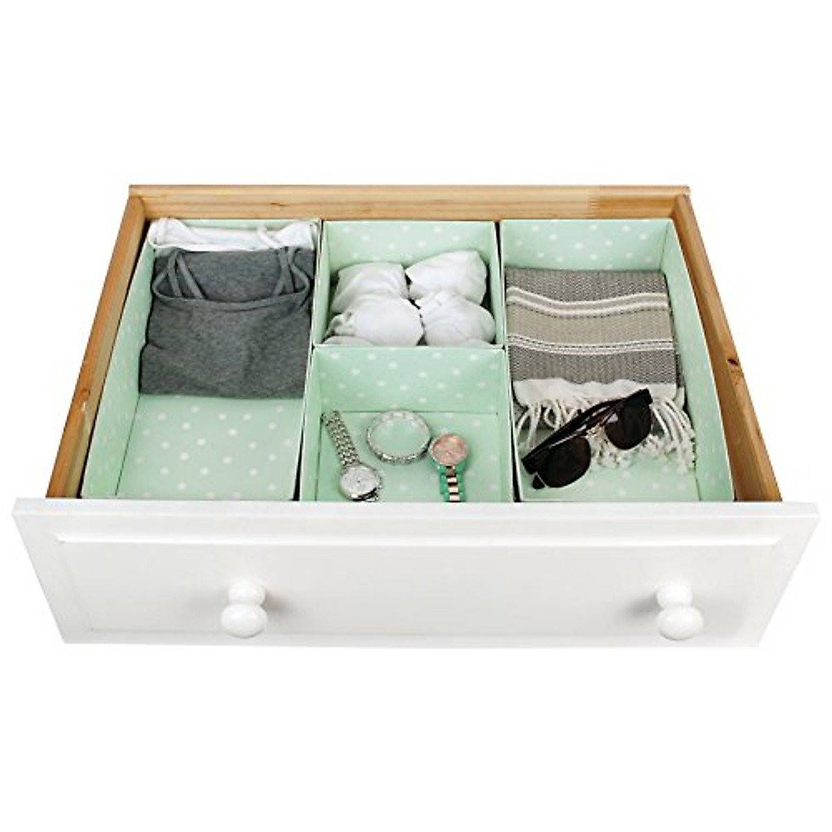 Home Traditions Customizable Storage Compartment - Rectangular, Foldable Sock/Underwear Drawer Divider or Closet/Nursery Organizer Bin, Light Green and Grey Polka Dot