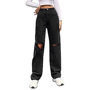 Genleck Women Loose Ripped Boyfriends Jeans High Waist Baggy Denim Pants Distressed Wide Leg Jeans Y2K Black XLarge