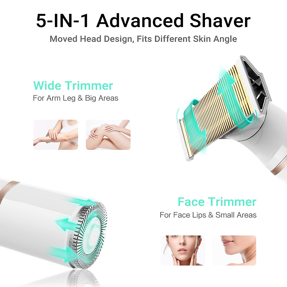 1JUSTLINK Electric Razor for Women, 5 in 1 Body Razor, Eyebrow Razor & Face Razor, USB Rechargeable Mini Foil Shaver for Face Peach Fuzz, Lips, Body, Chin, Arms