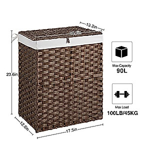 Greenstell Laundry Hamper No Install Needed, Divided Clothes Hamper with 2 Removable Liner Bags, 90L Handwovn Synthetic Rattan Laundry Basket with Lid and Handles, Foldable Brown 17.5x12.5x25.5Inches