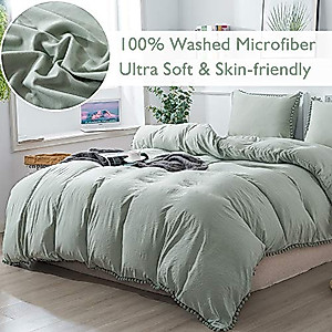Andency Pom Pom Fringe Duvet Cover Queen Size (90x90 Inch), 3 Pieces (1 Solid Sage Green Duvet Cover, 2 Pillowcases) Soft Washed Microfiber Duvet Cover Set with Zipper Closure, Corner Ties
