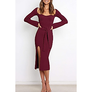 LILLUSORY Wedding Guest Dress Winter Womens Spring Long Sleeve Plus Size Christmas Casual Sweater Outfits Cold Shoulder Sexy Wine Red