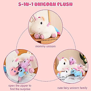 SQEQE Cute Unicorn Stuffed Animals with 4 Babies in Her Tummy, Rainbow Flying Unicorn Plush Pillow Toy with Wings, Unicorn Gifts for Girls Ages 3 4 5 6 7 8 Years