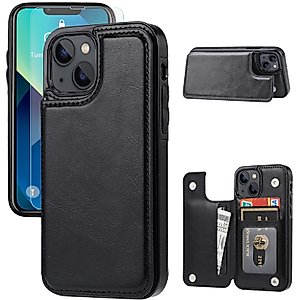 JOYAKI Wallet Case Compatible with iPhone 13,Slim Protective case with Card Holder,PU Leather Kickstand Card Slots Case with a Free Screen Protective Glass for iPhone 13(6.1")-Black