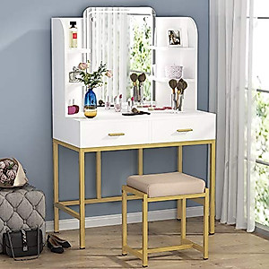 LITTLE TREE Vanity Set with LED Lighted Mirror and Cushioned Stool, Large Vanity Table Dressing Table Desk with Storage Shelves and 2 Drawers for Bedroom