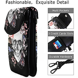 Flower Halloween Sugar Skull Cell Phone Purse Crossbody Bag Pouch Shoulder Bags Wallet for women Girls Travel, 7.6 x 4.9 inches(H x L)