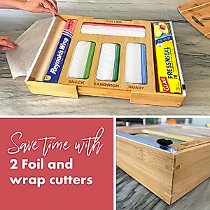 HinterHill Expandable Ziplock Bag Organizer and Kitchen Drawer Organizer, 6-in-1 Plastic Bag Organizer and Foil and Plastic Wrap Organizer with Slide Cutters, Ziplock Organizer with Two Wrap Cutters