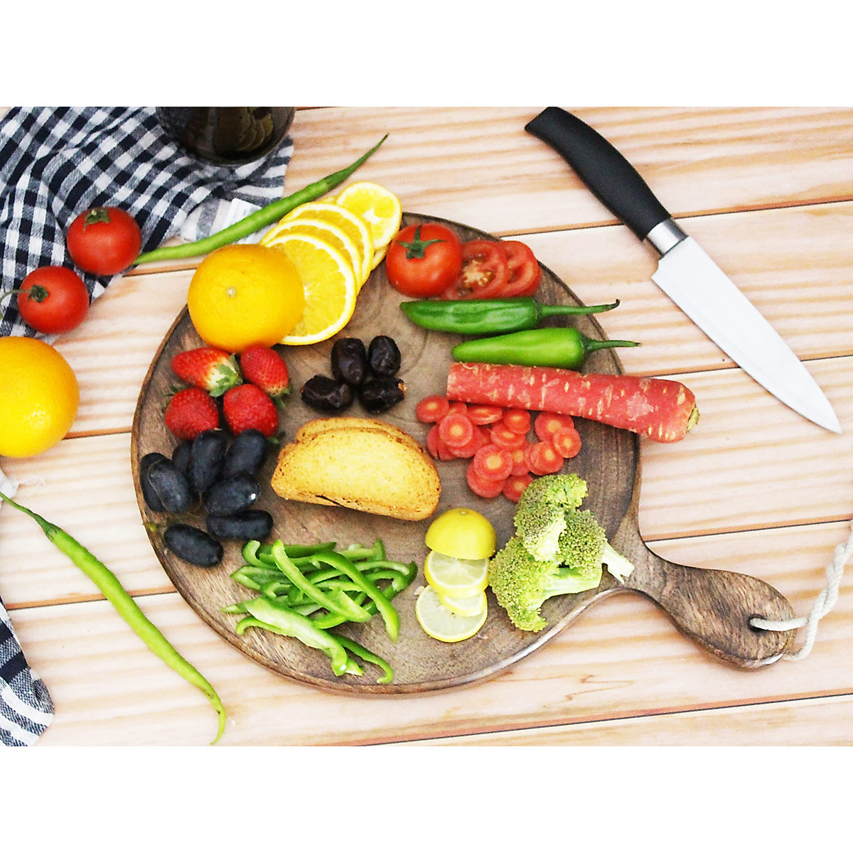 Father's Day Gifts Wooden Round Chopping Board with Handle & Rope for Hanging, Pizza Serving Tray Party Serving Platter | 12 Inch Dia