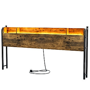 IKIFLY King Size Storage Headboard with Charging Station & LED Lights, Headboard for King Size Bed Frame, Industrial King Headboard Only with Storage for Bedroom, Attach Frame, Rustic Brown