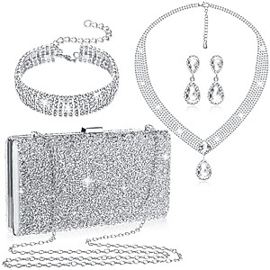 4 Pieces Clutch Purses Bag for Women Evening Rhinestone Jewelry Set Bling Necklace Earrings Bracelets Set for Wedding (Fresh Style)
