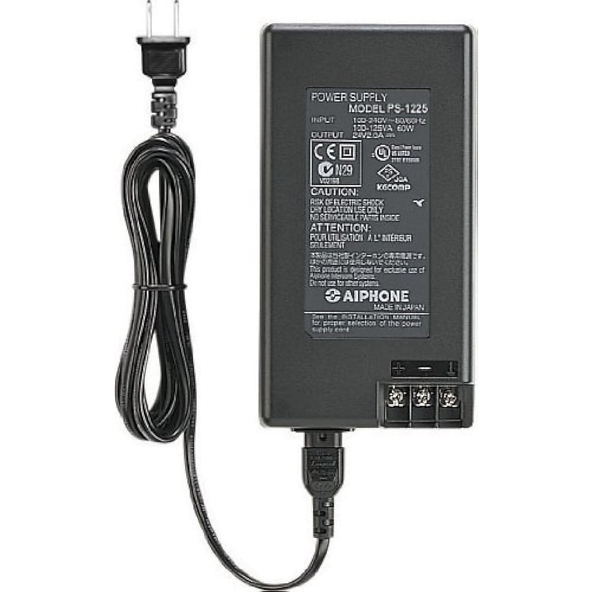 Aiphone Corporation PS-1225UL 12V DC, 25A Power Supply for LEF Series, MP-S Series, TD-Series, or New-5, Fire-Retardant, ABS Plastic Construction