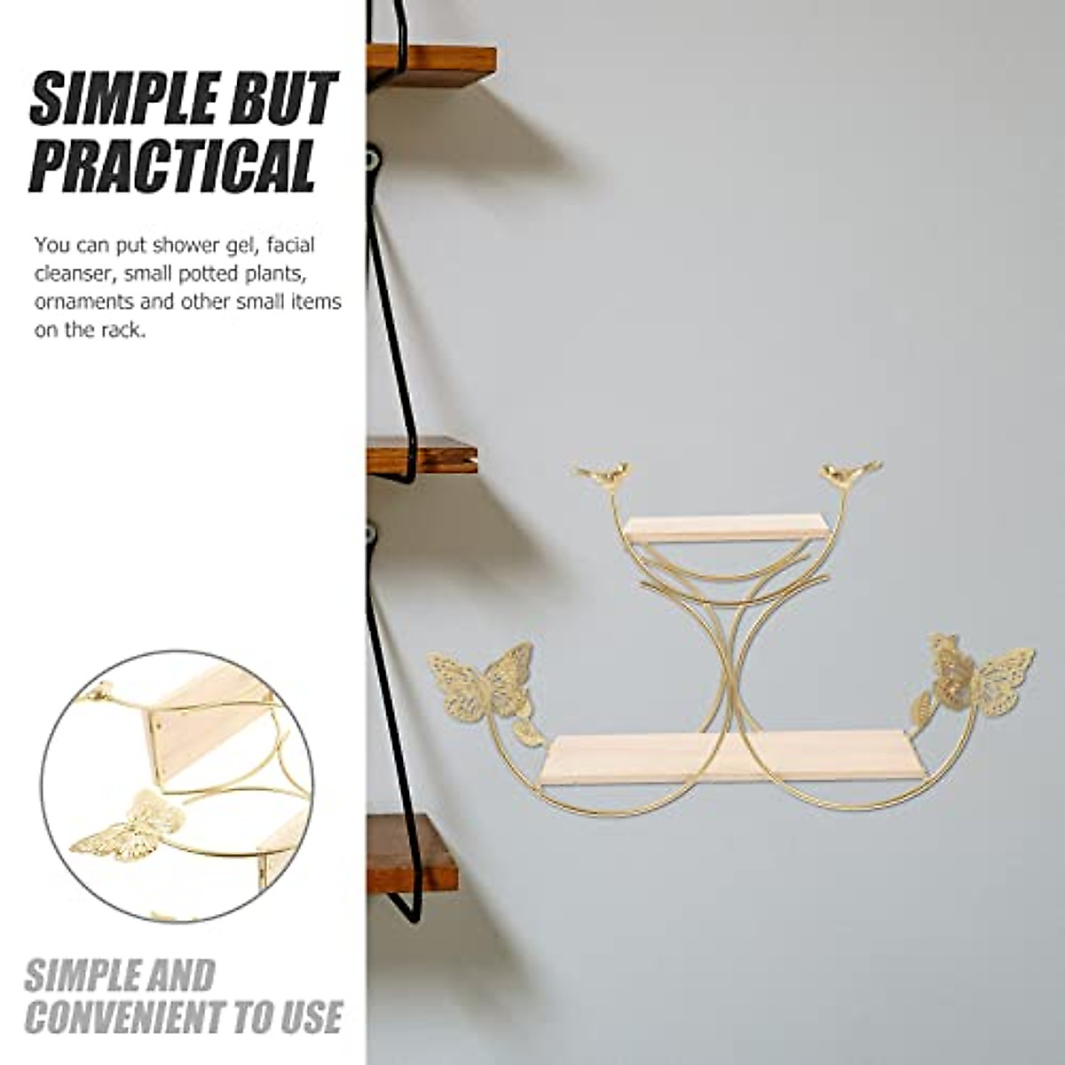 DOITOOL Wall Mounted Floating Shelves Rustic Storage Shelf Spice Rack Shelf Sundries Organizer with Butterfly Figurine for Bathroom Bedroom Living Room Kitchen Golden