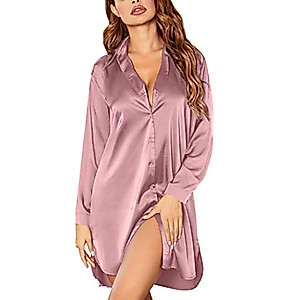 Ekouaer Nightwear for Women Sexy Satin Sleepshirt Long Sleeve Classic Sleepdress Dark Pink XLarge