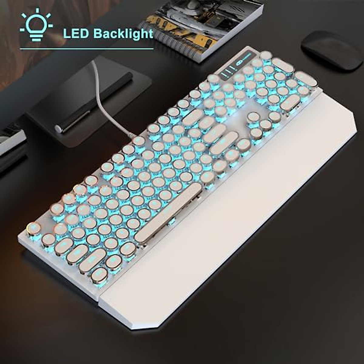 Typewriter Mechanical Gaming Keyboard and Mouse Combo, Retro Punk Round Keycap Blue LED Backlit USB Wired Computer Keyboard for Game and Office, for Windows Laptop PC, Red Switches(White)